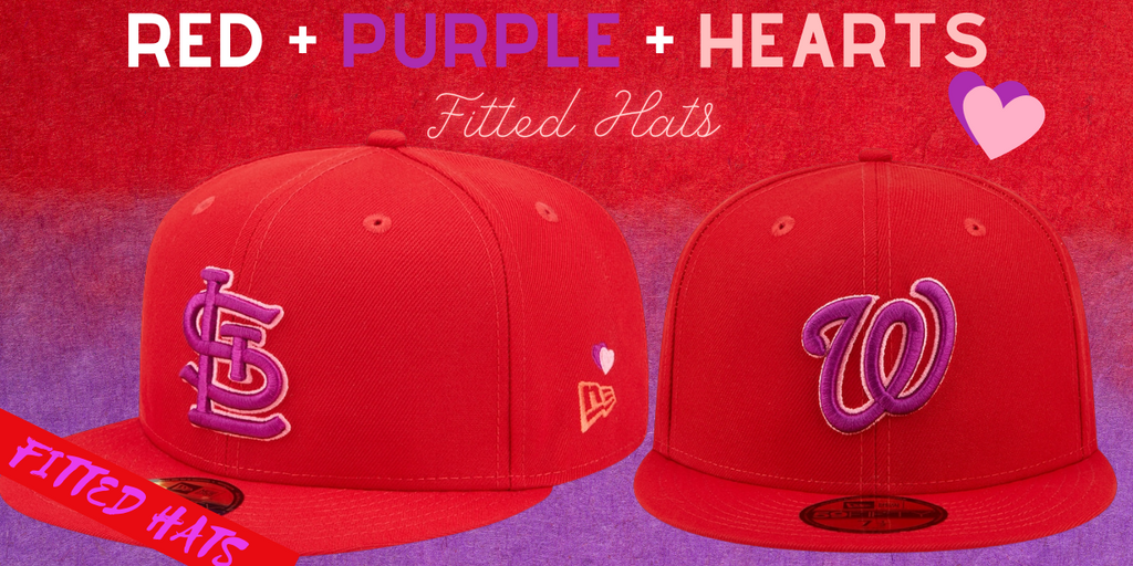 New Era Red + Purple Fitted Hats With Hearts & Purple Undervisor (Augu